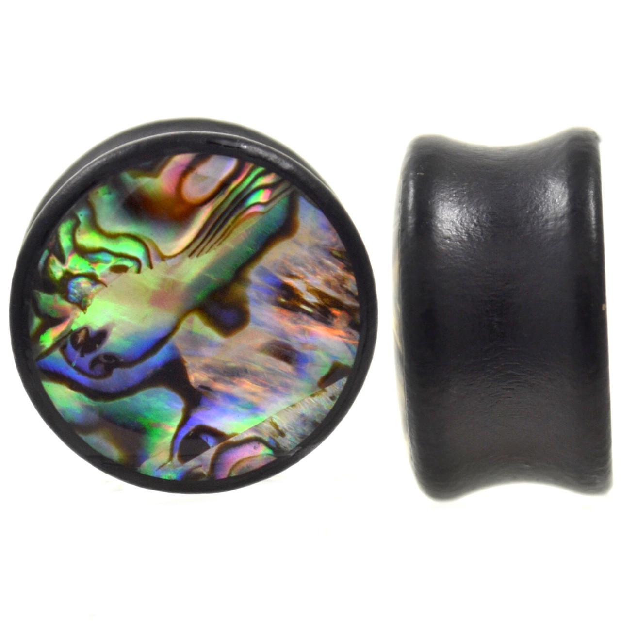 Abalone Shell Inlay Top Black Wood Plugs (0g-1") | BodyDazz.com