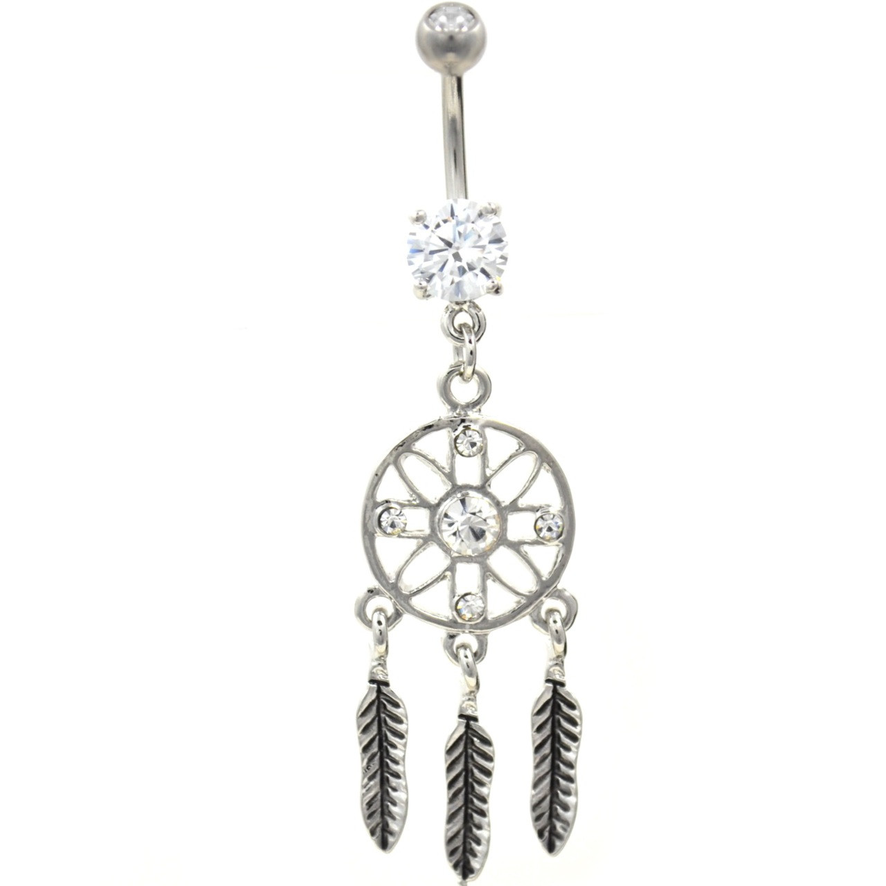 Modern Dreamcatcher Trip Feather Clear Belly Ring | BodyDazz.com