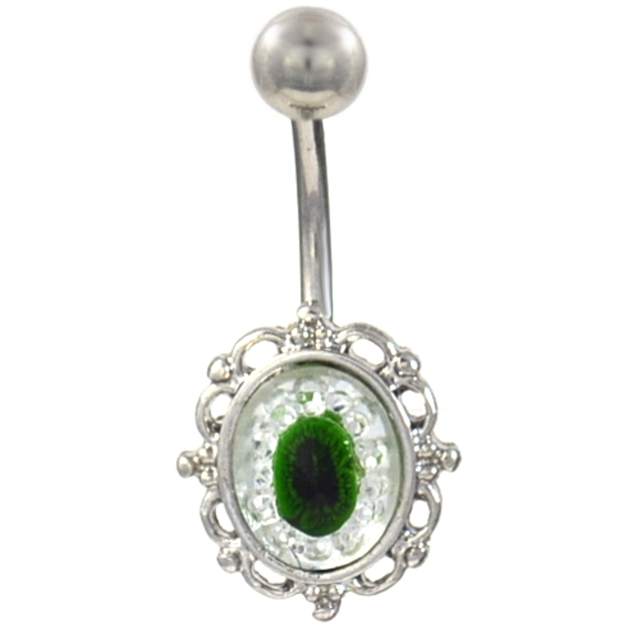 Oval Frame & Green Eye Steel Belly Ring | BodyDazz.com