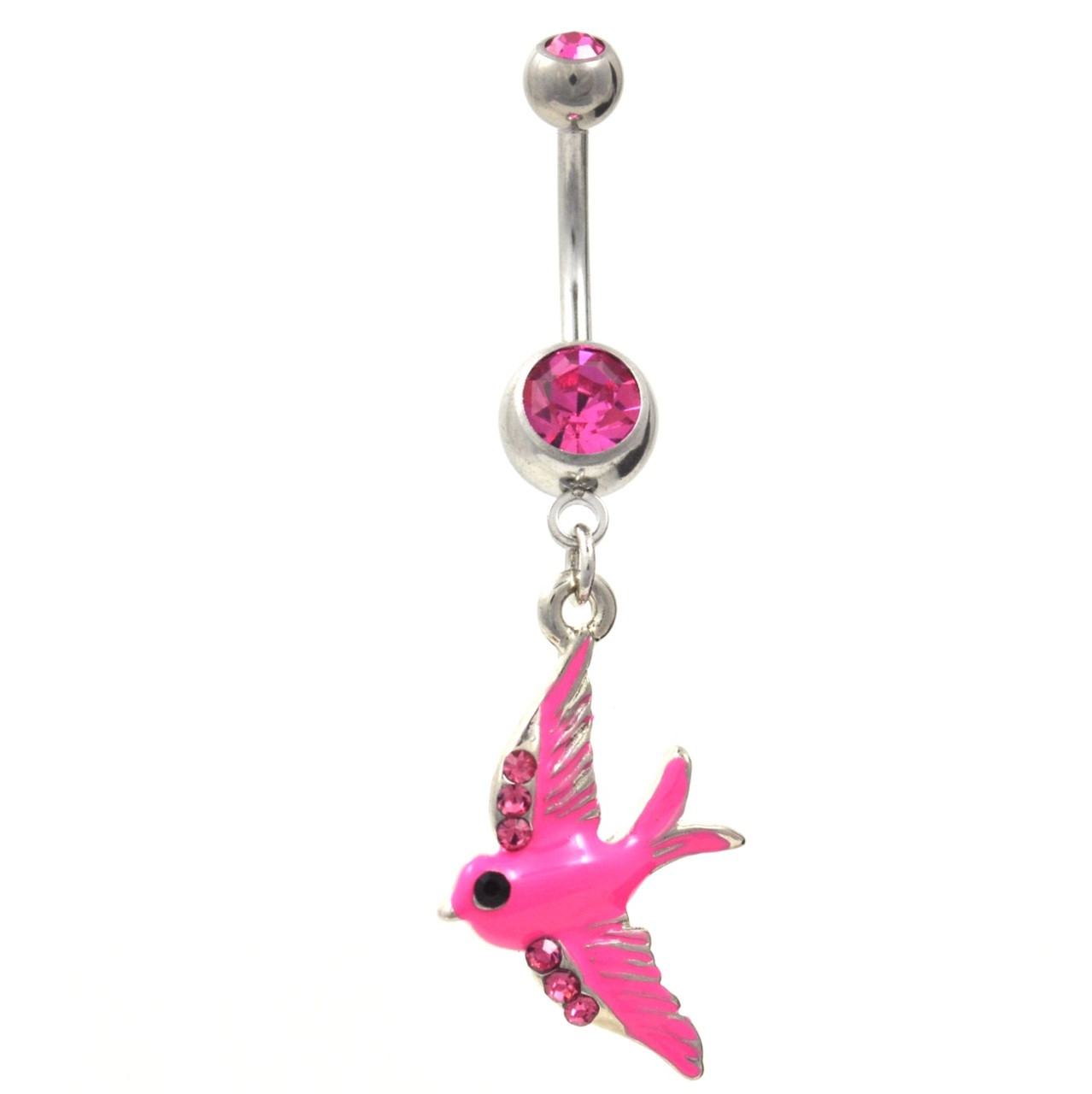 Neon Pink Bird Dangling Belly Ring w/Gems | BodyDazz.com