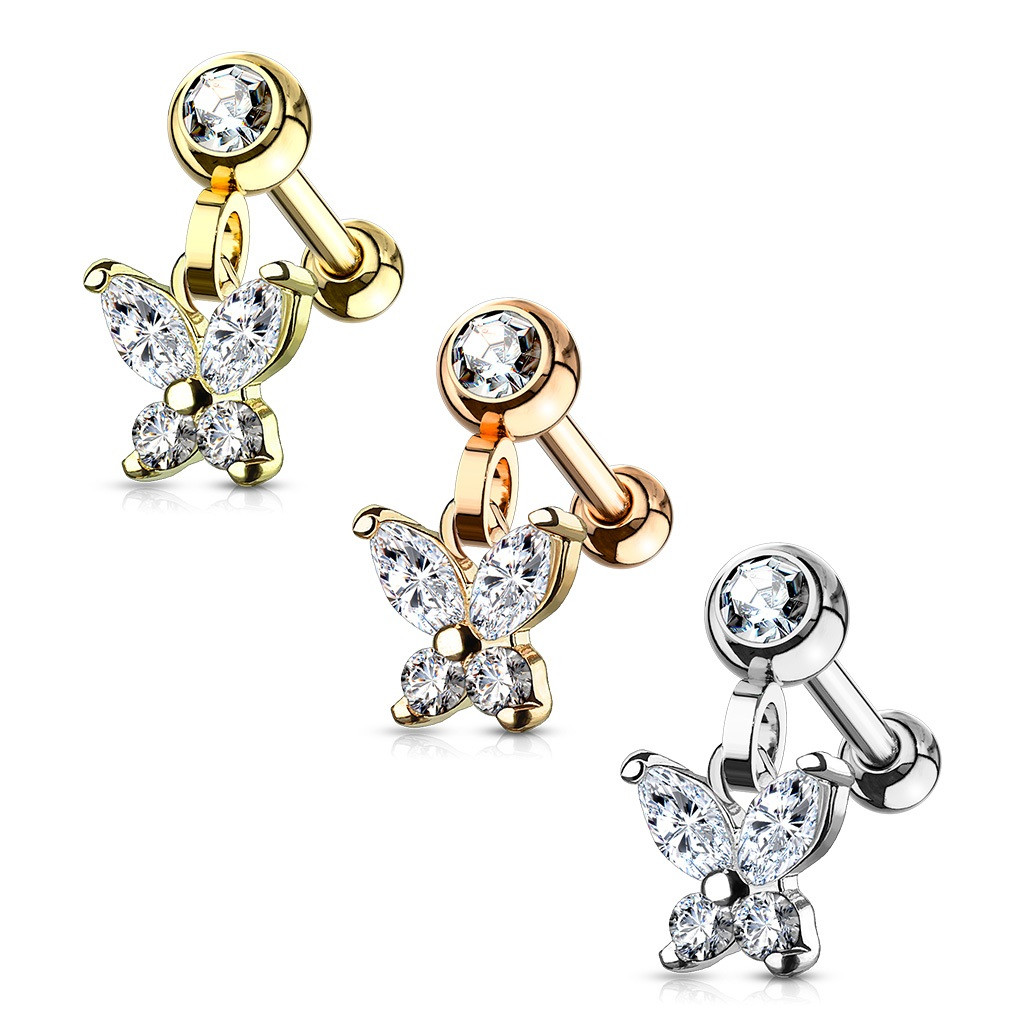Jeweled Butterfly Dangle Steel Cartilage Tragus Stud | BodyDazz.com