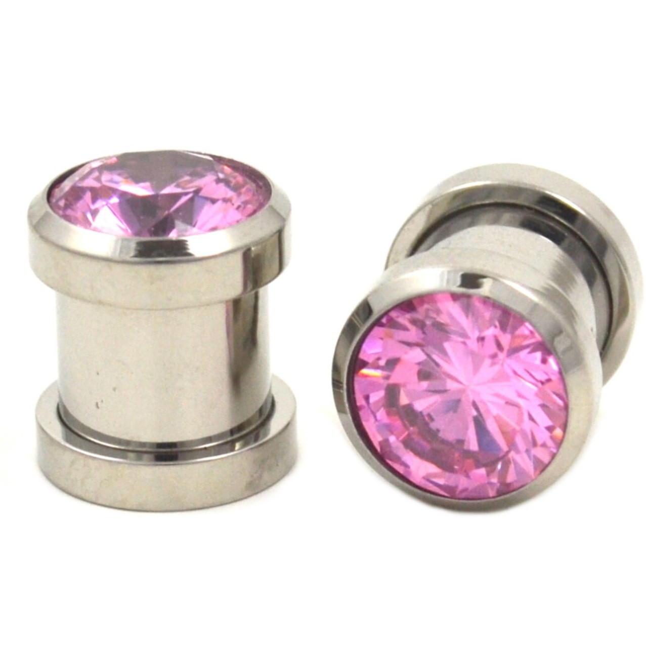 Pink Cubic Zirconia Gem Steel Ear Plugs (8g-00g) | BodyDazz.com