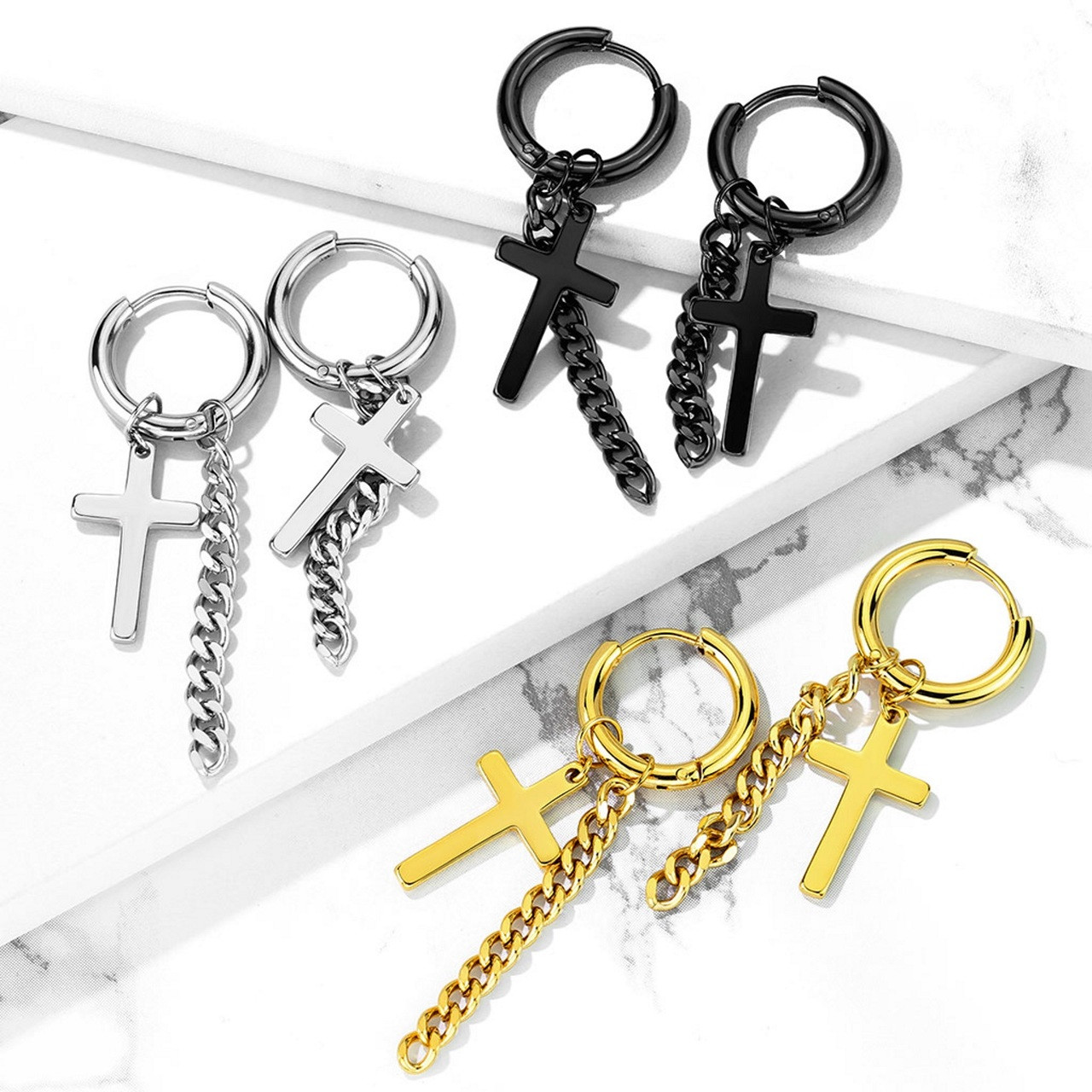 Cross & Chain Dangle Steel Hinge Hoop Earrings | BodyDazz.com