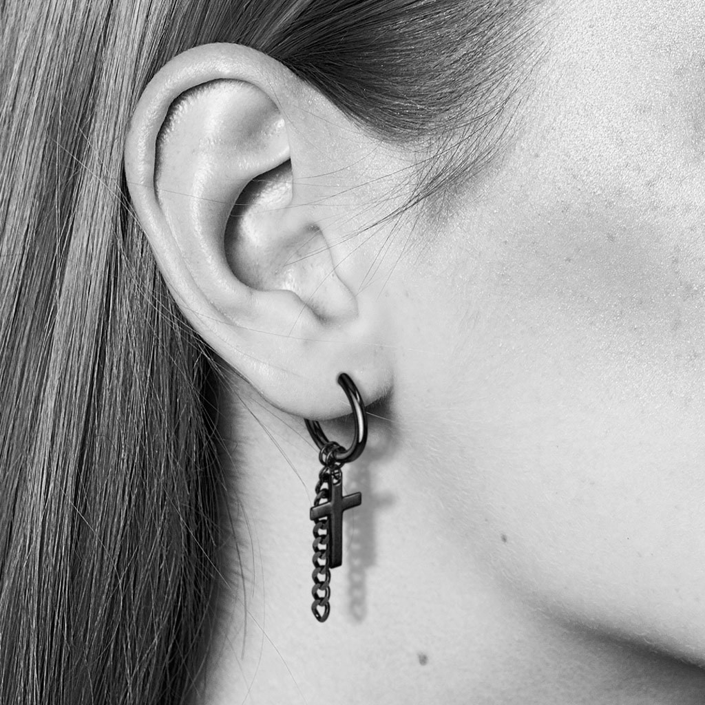Cross & Chain Dangle Steel Hinge Hoop Earrings | BodyDazz.com