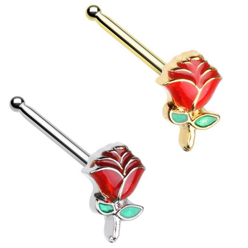 Red Rose Top Steel Nose Ring Bone 20G | BodyDazz.com