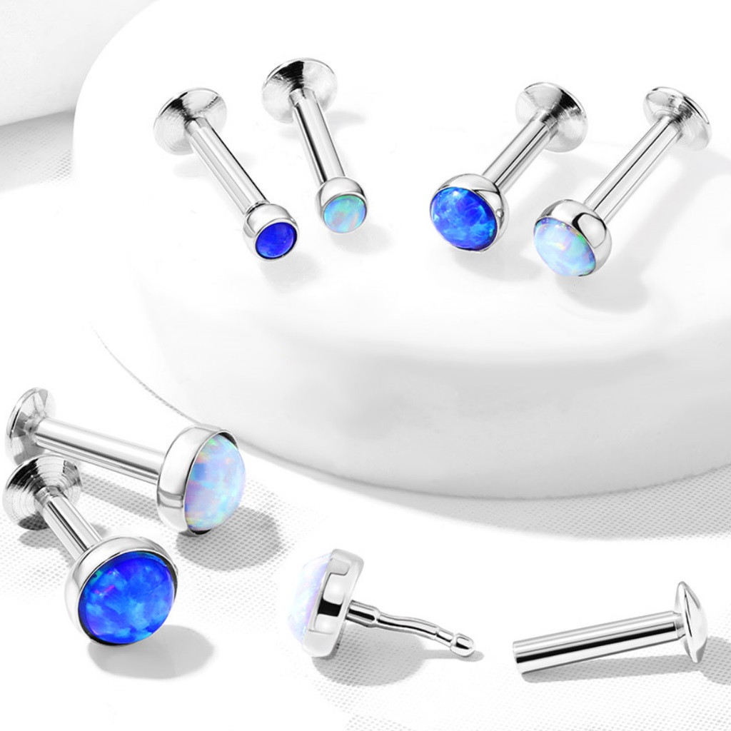 2PC Synthetic Opal Push Top Steel Labret Monroe Studs | BodyDazz.com