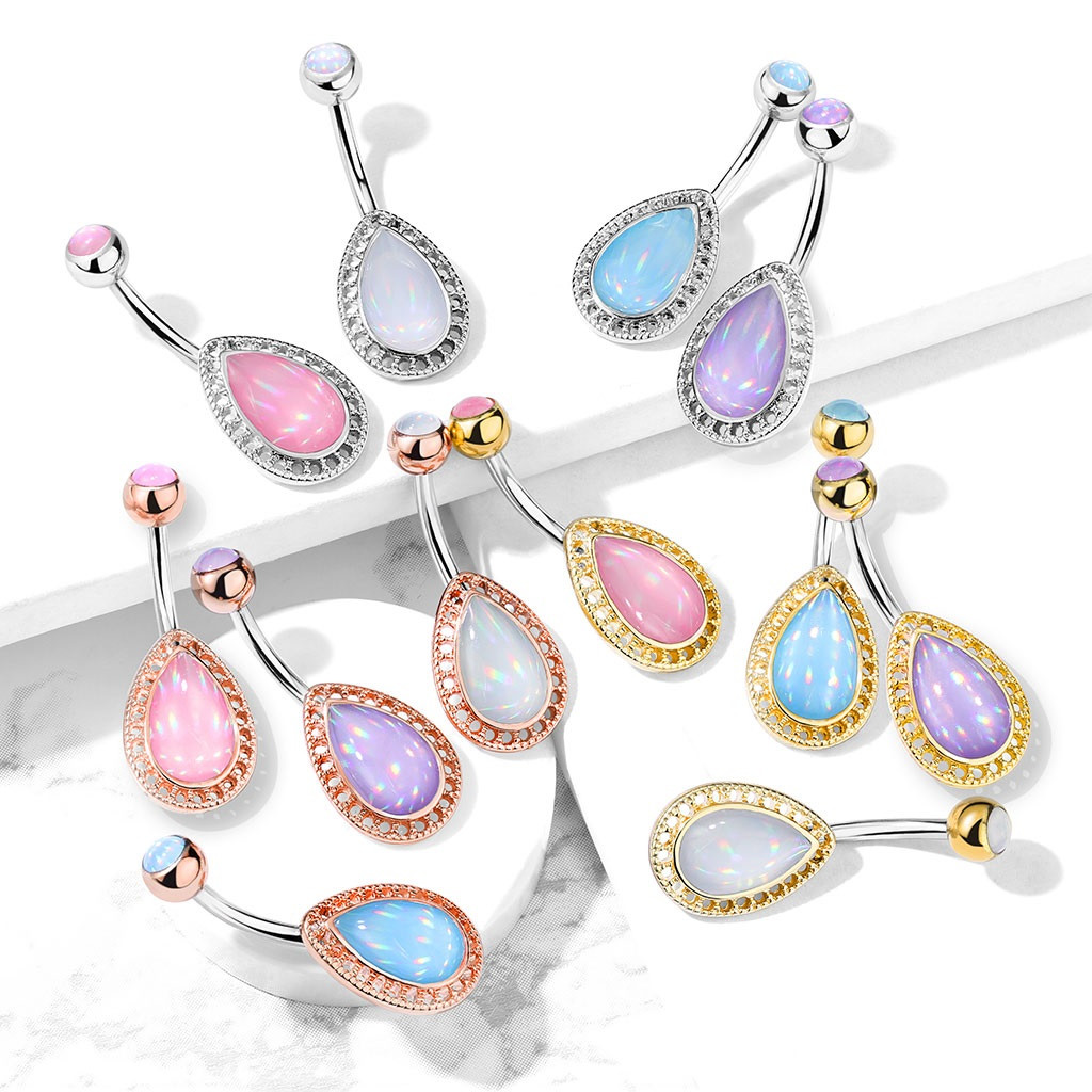 Epoxy Stone Teardrop Shield Steel Belly Ring | BodyDazz.com