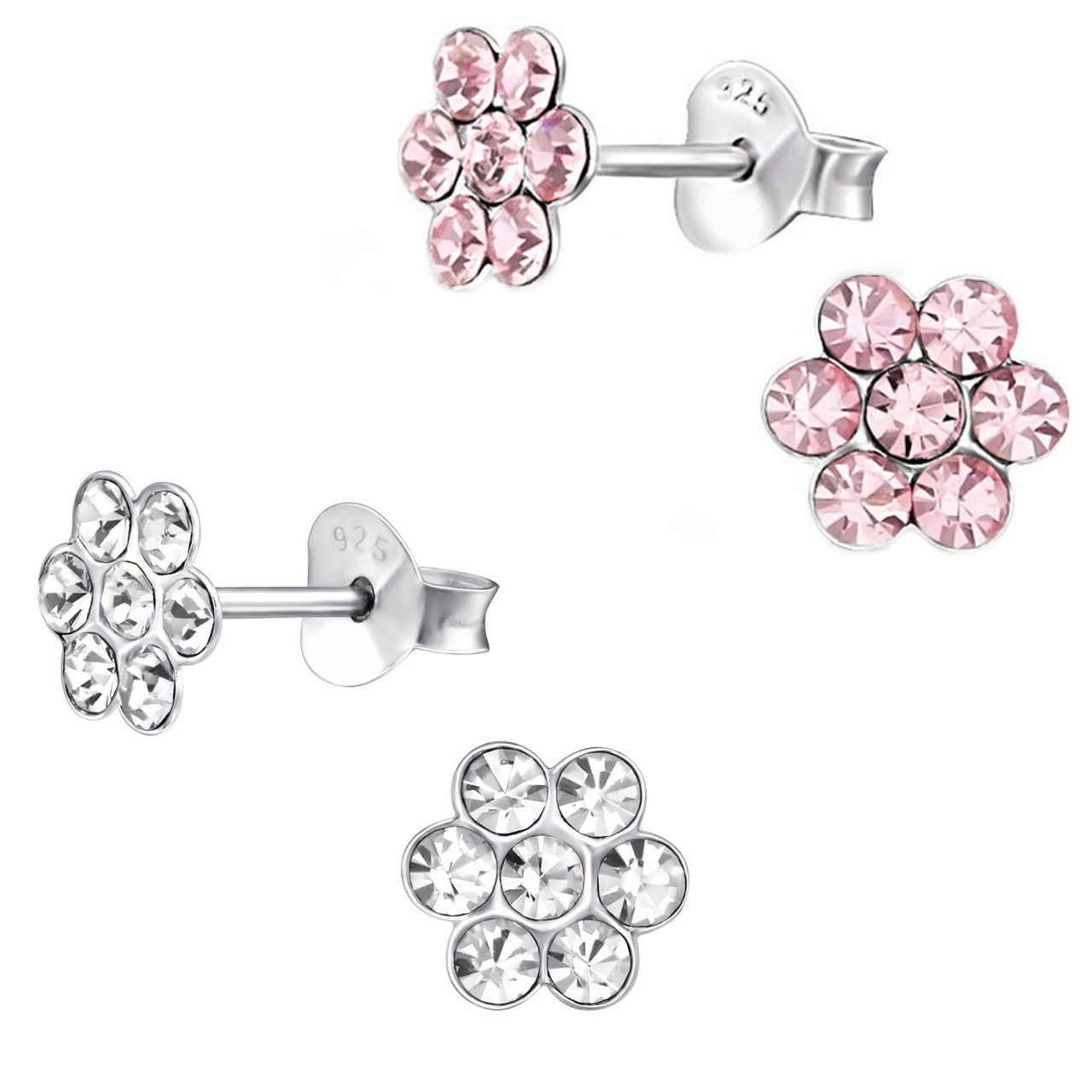 Crystal Jeweled Flower 925 Sterling Silver Stud Earrings | BodyDazz.com