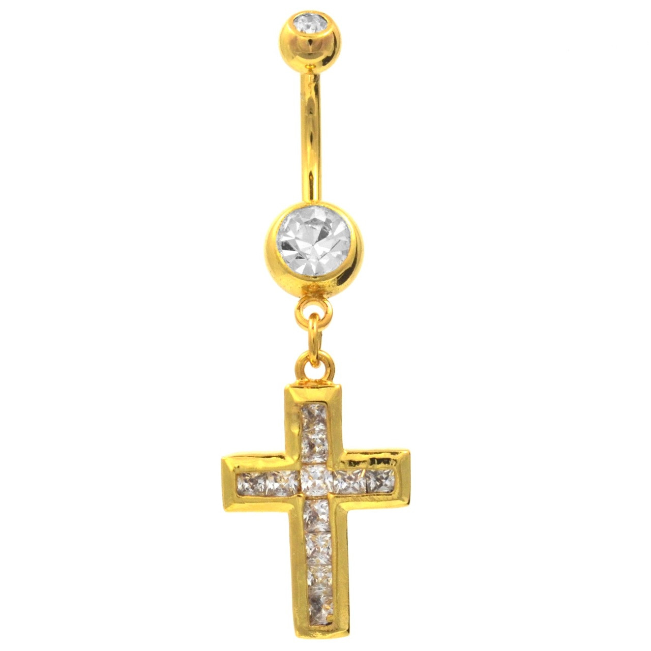 Gold Plated Thick Square Gem Cross Belly Ring | BodyDazz.com
