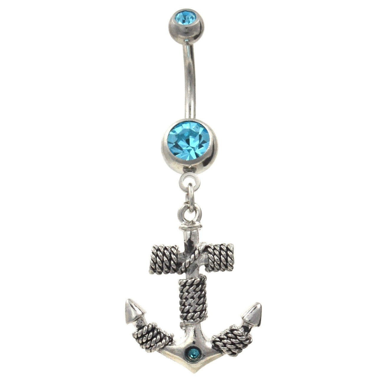 Stainless Steel Roped Anchor Belly Ring w/Aqua Gems | BodyDazz.com