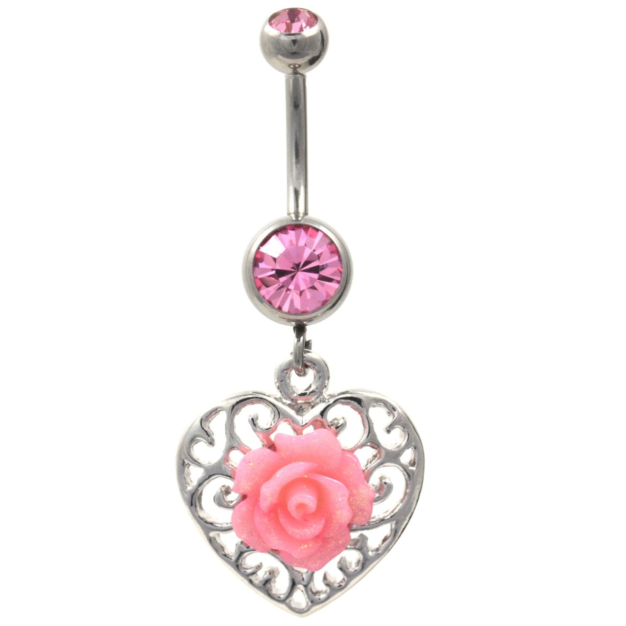 Pink Rose and Vintage Heart Background Belly Ring | BodyDazz.com