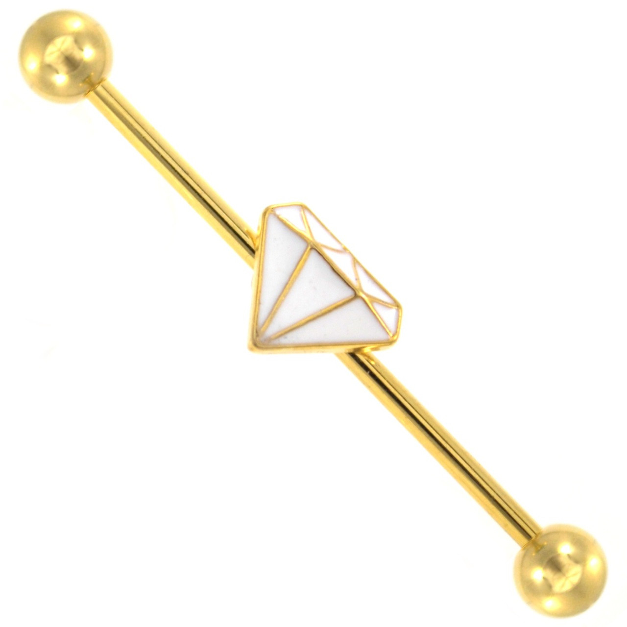 White Diamond Gold Plated Industrial Barbell 14g 35mm | BodyDazz.com