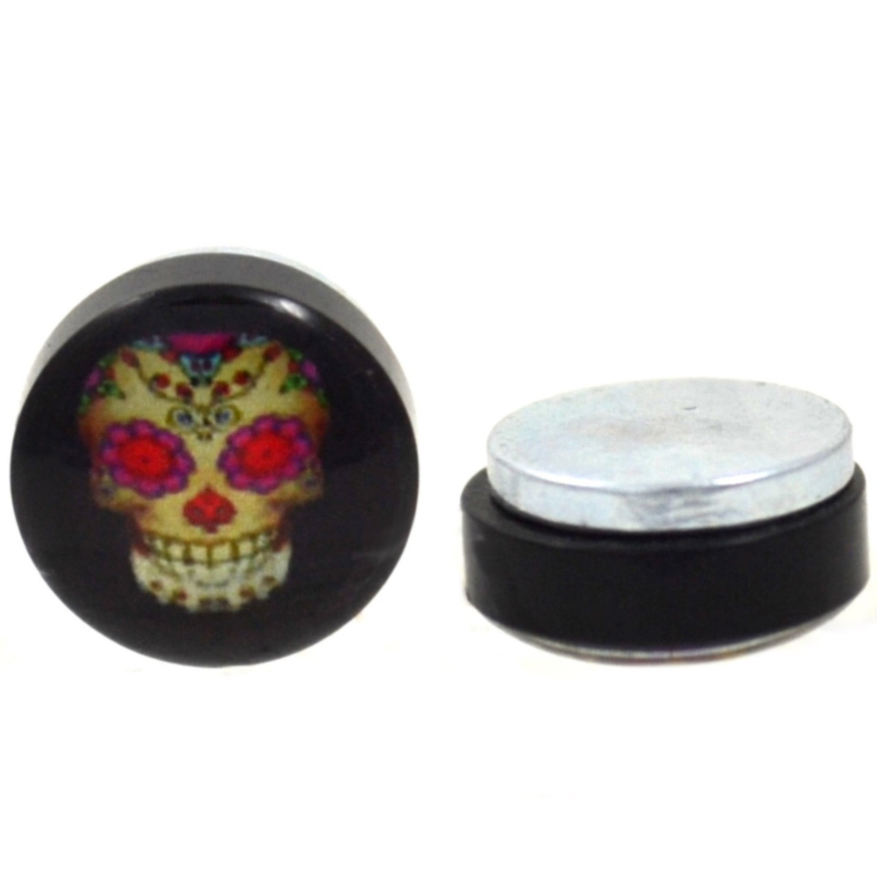 Purple/Tan Sugar Skull Magnetic Fake Plug Earrings | BodyDazz.com