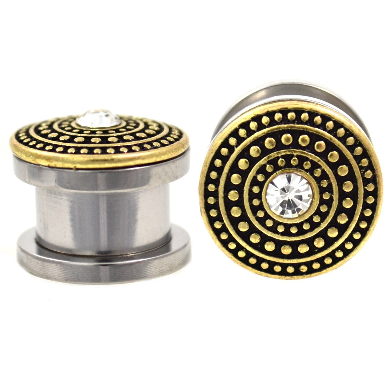 Silver-Tone Dotted Shield Gem Plugs (4g-5/8") | BodyDazz.com