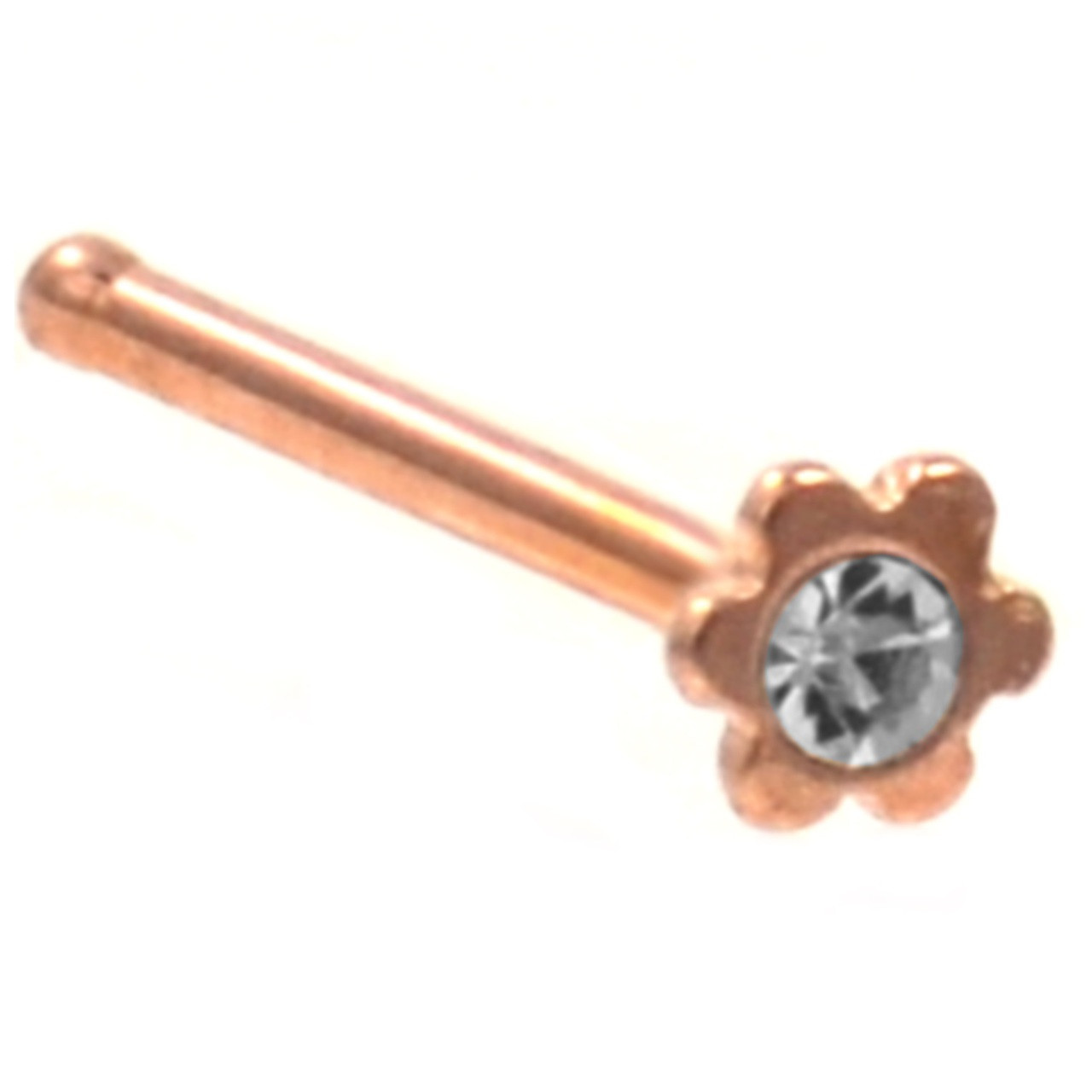 Clear Accent Flower Top Rose Gold-Tone Nose Ring Stud 20G | BodyDazz.com