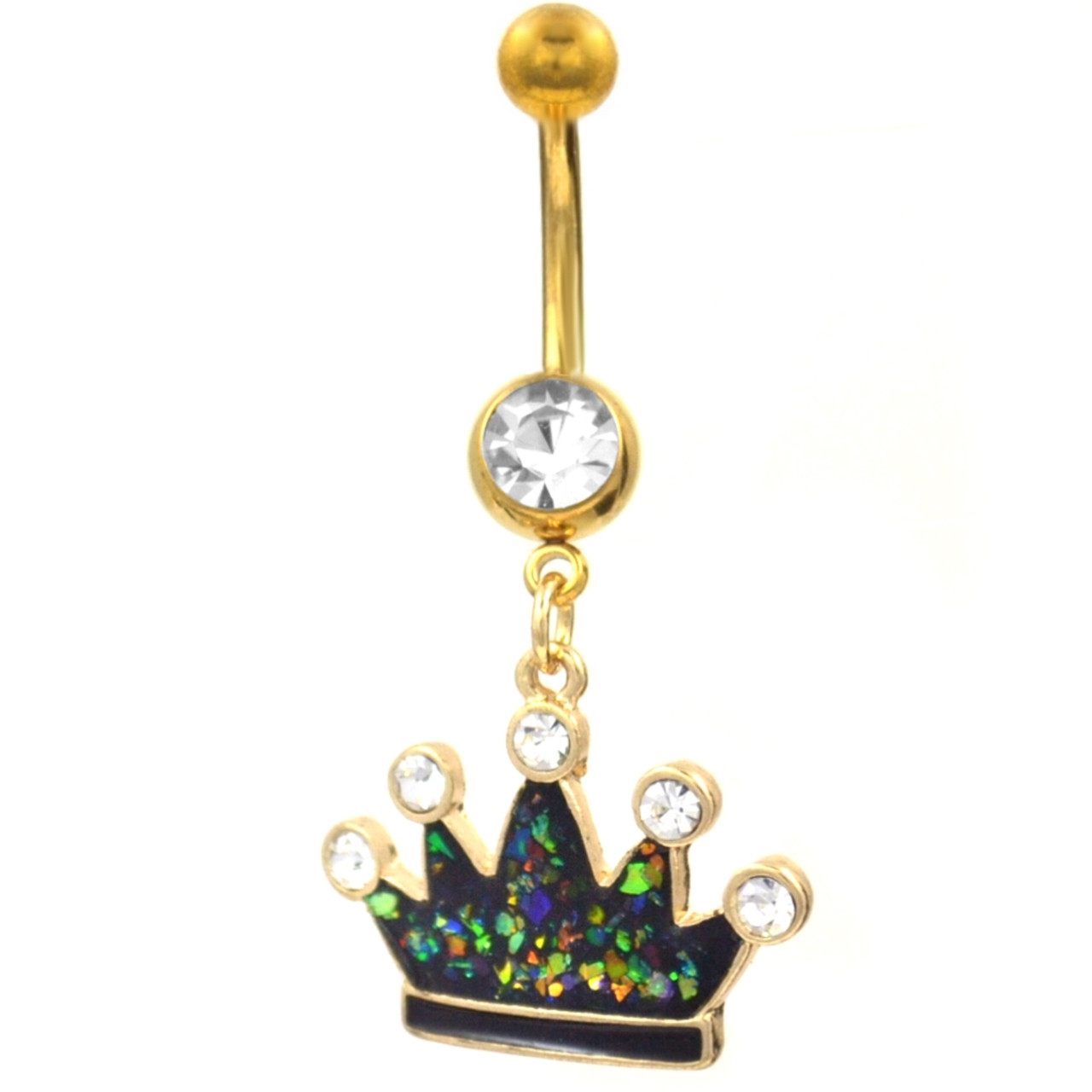 Glitter Crown Dangle Gold-Tone Belly Ring | BodyDazz.com
