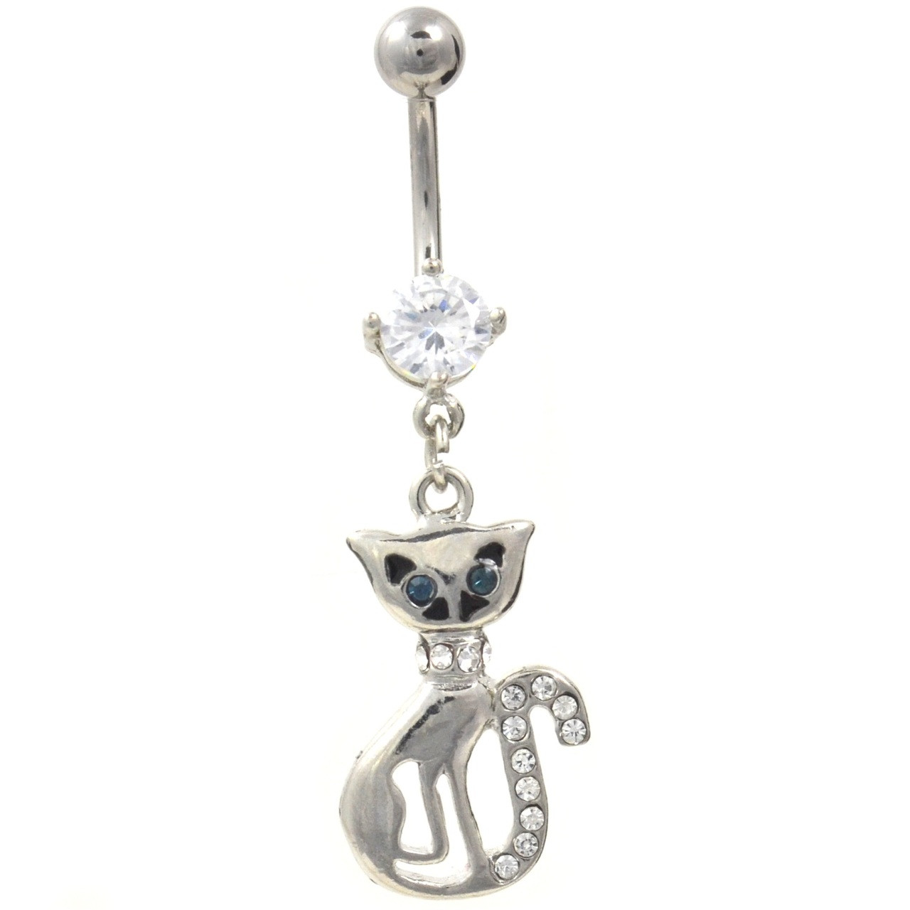Blue Eyed Sly Cat Gemmed Tail Belly Ring | BodyDazz.com
