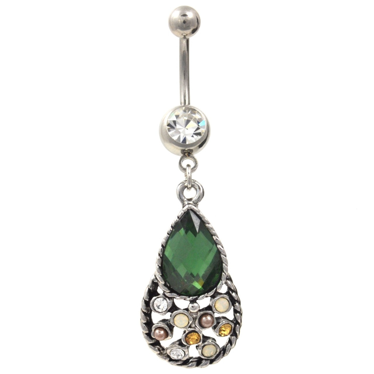 Emerald Green Tear Drop Pendant Belly Ring | BodyDazz.com