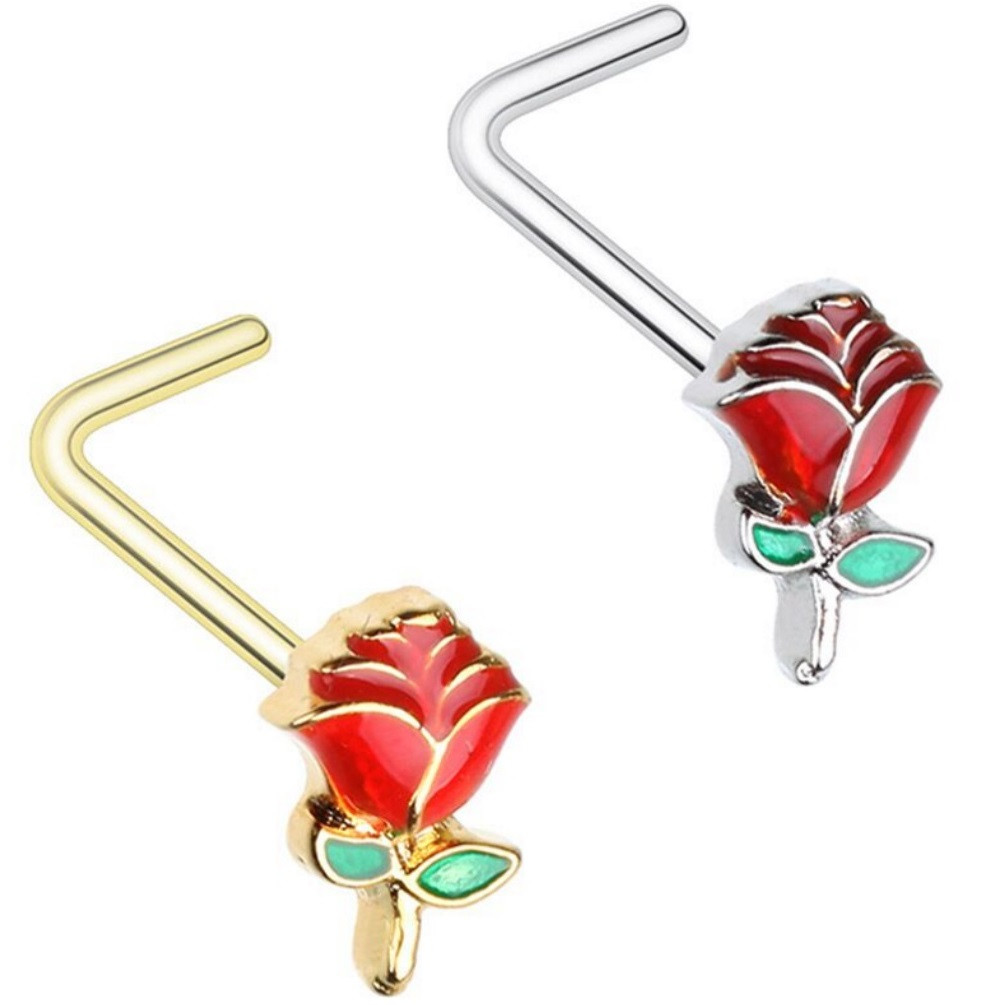 Red Rose Top Steel L-Shaped Nose Ring 20G | BodyDazz.com