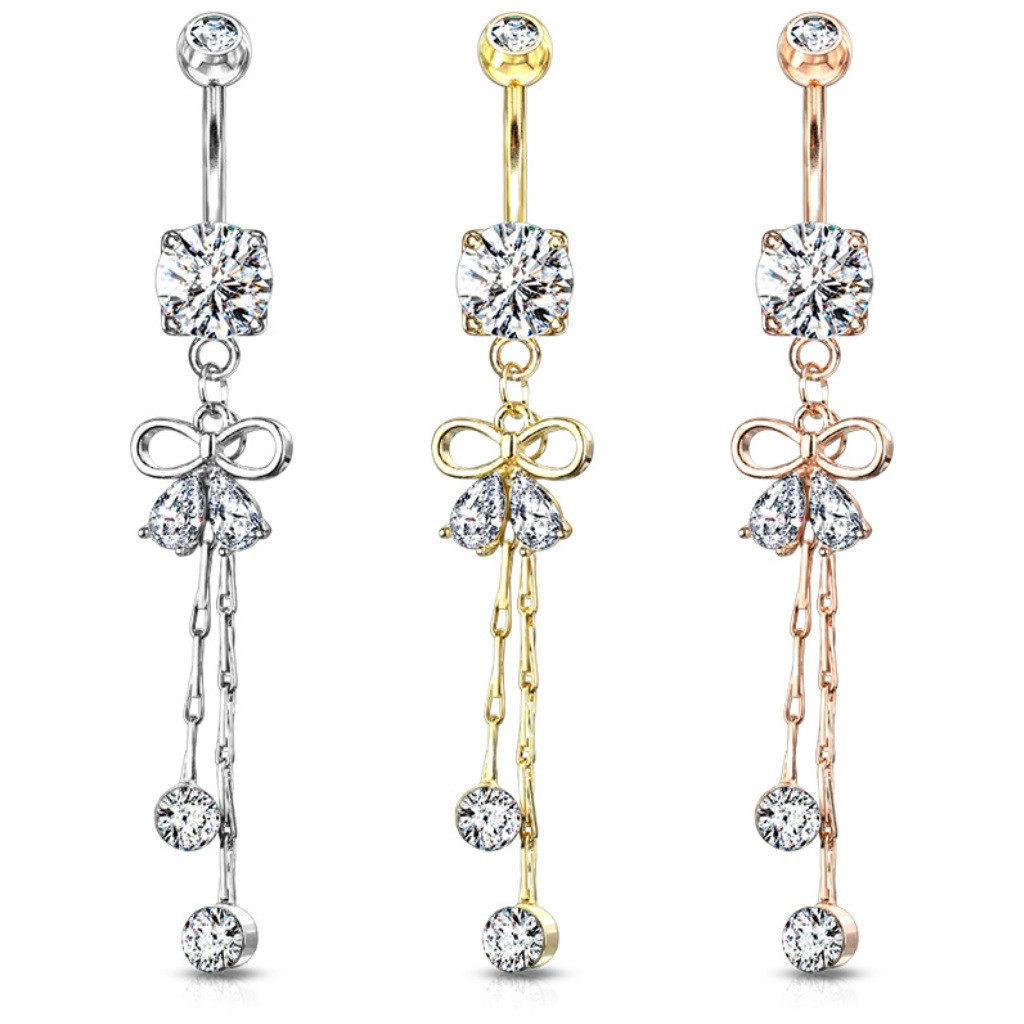 Ribbon & Chains Dangle Steel Belly Ring | BodyDazz.com