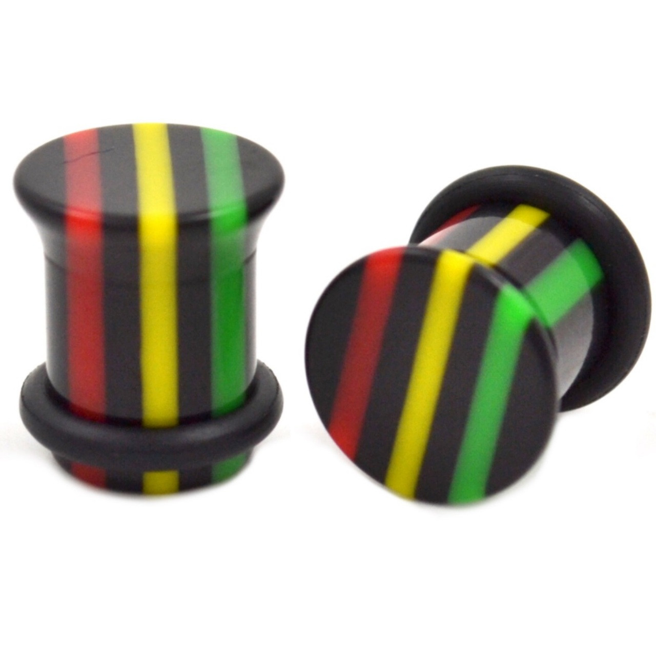 Black Acrylic Rasta Striped Single Flared Plugs (8g-7/8") | BodyDazz.com