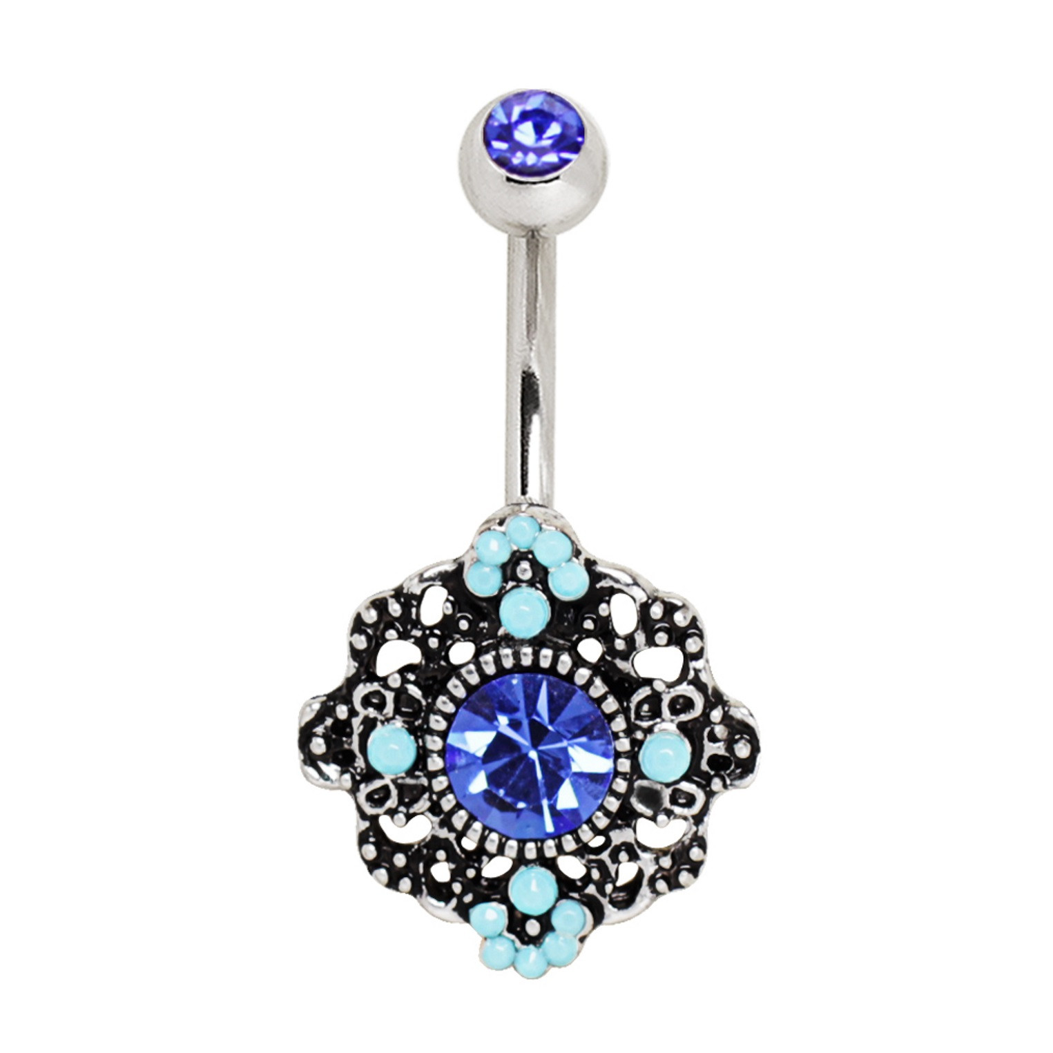 Ornate Blue Flower Steel Belly Ring | BodyDazz.com