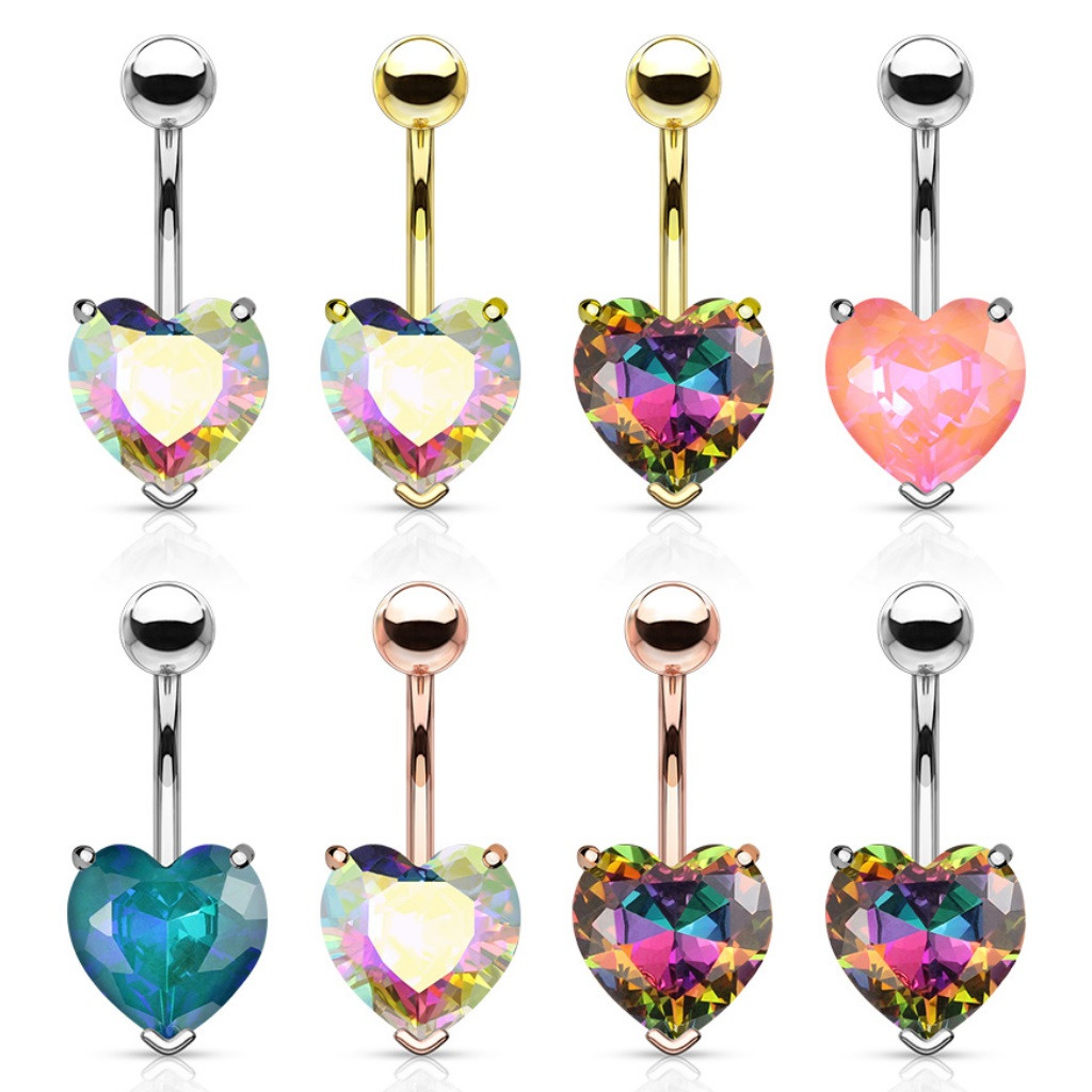 AB Effect Heart Shape Crystal Steel Belly Ring | BodyDazz.com
