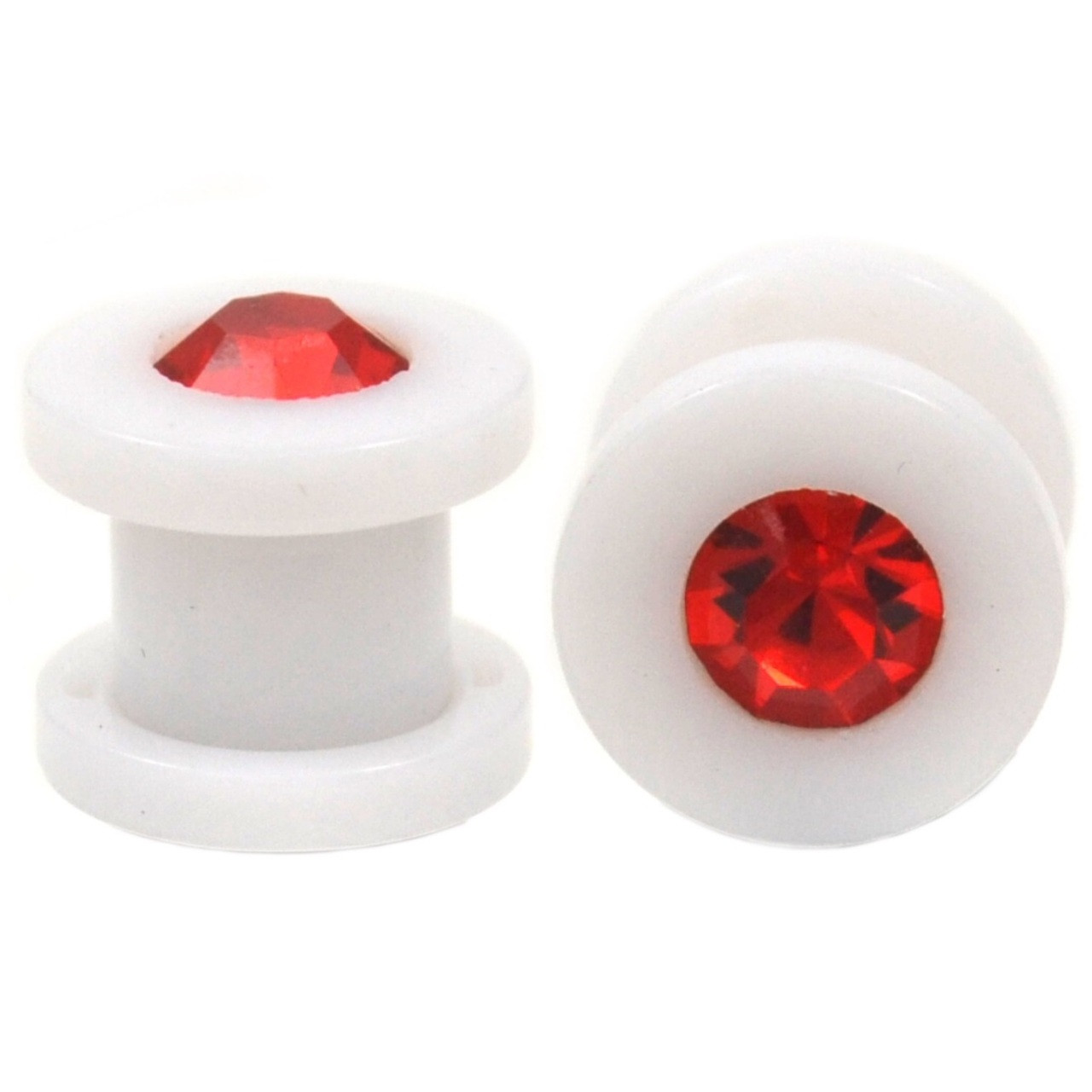 White Acrylic Red Gem Screw Fit Ear Plugs (8g-1/2") | BodyDazz.com