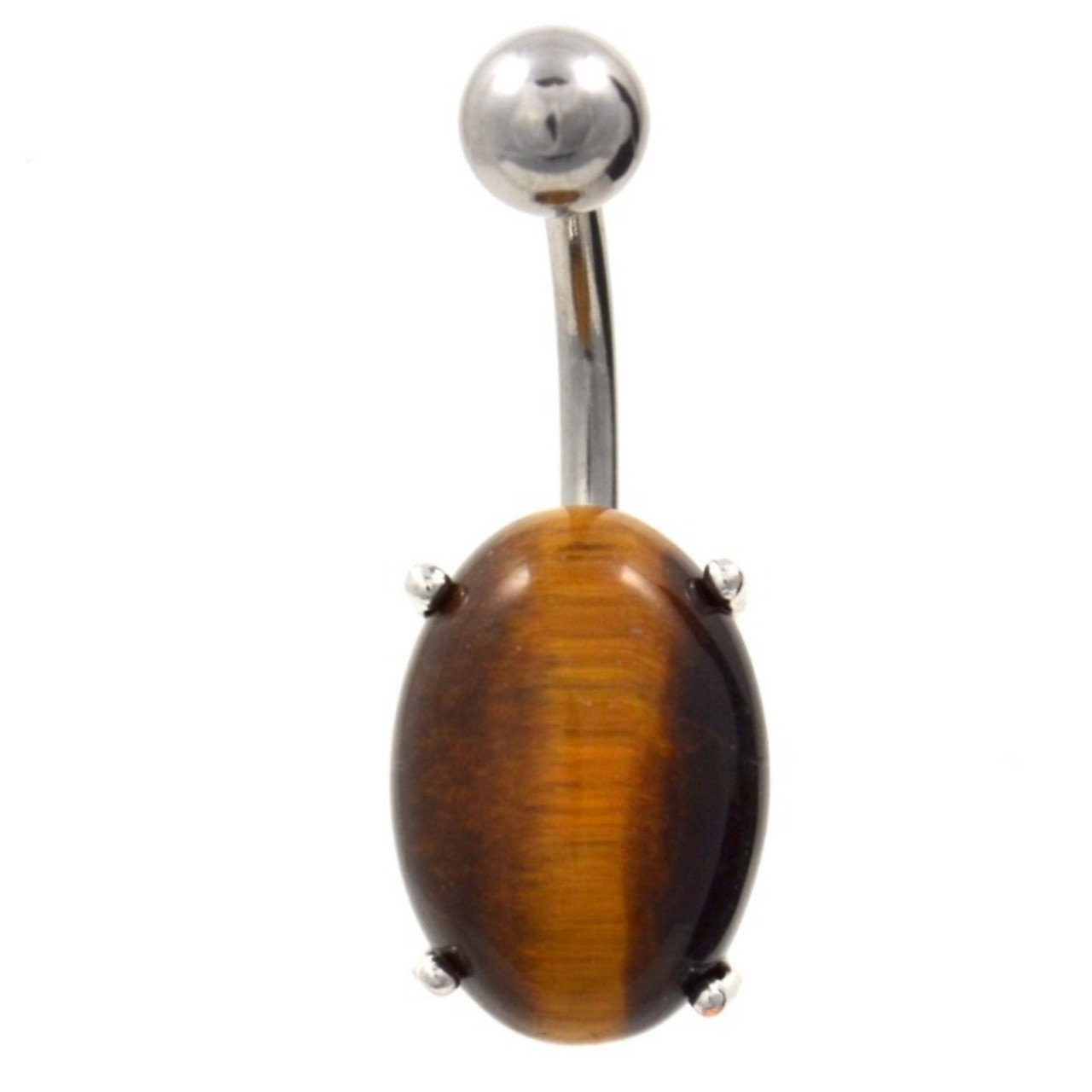 Tigers Eye Oval Shaped Stone Prong Set Belly Ring | BodyDazz.com