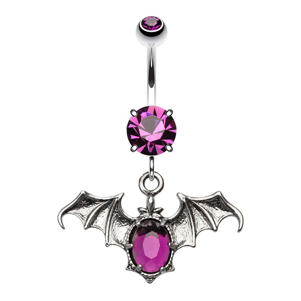 Purple T-Rex Dinosaur & Gemstone Dangle Belly Ring | BodyDazz.com