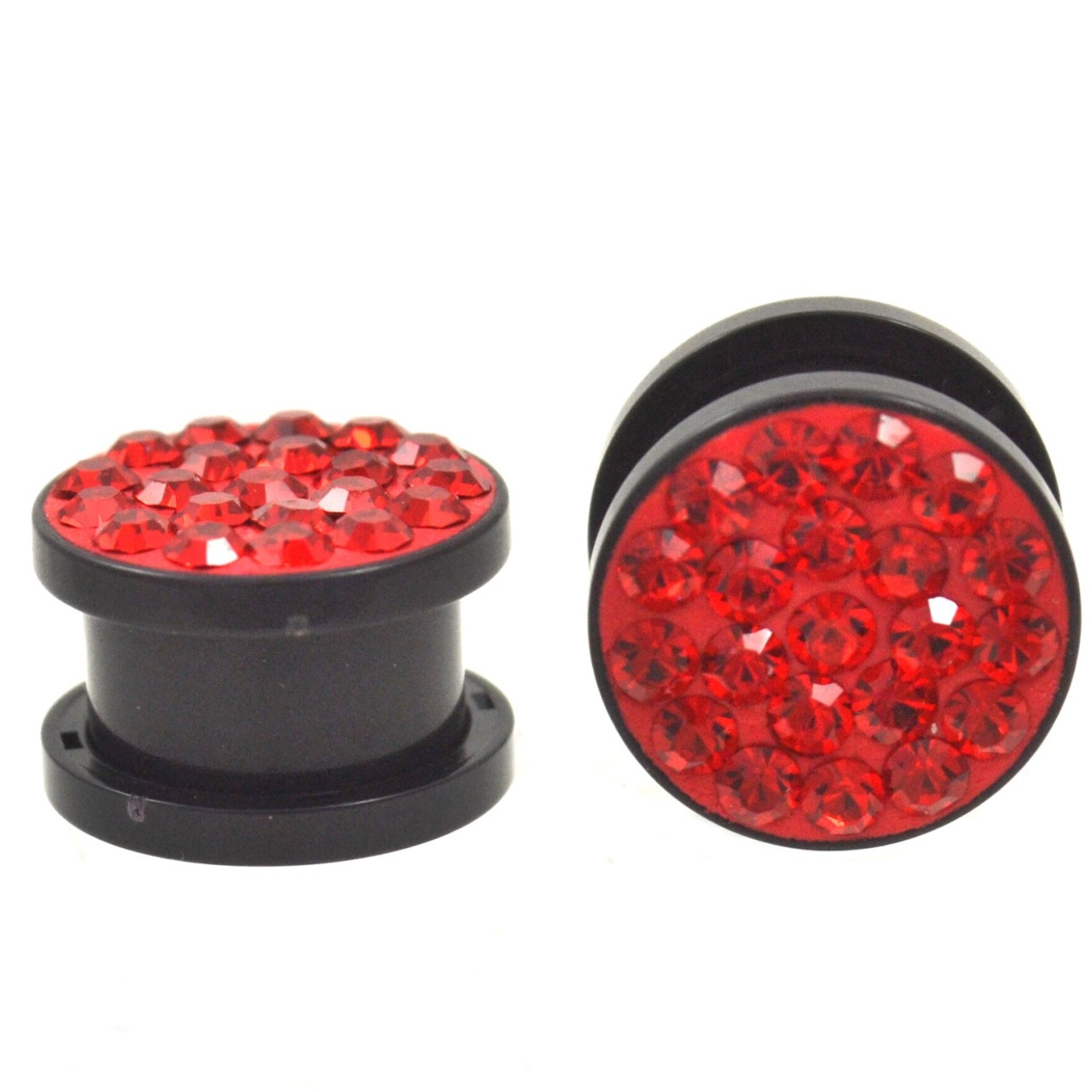 Sparkling Red Crystals Black Acrylic Screw Plugs (8g-1/2") | BodyDazz.com
