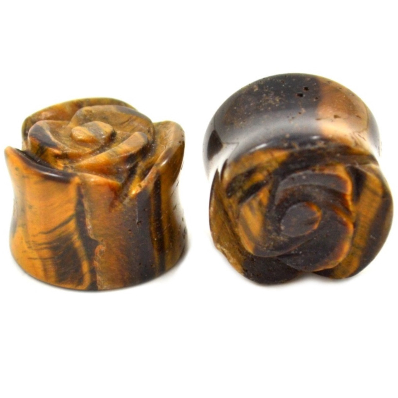 Tiger Eye Stone Carved Rose Ear Plugs (2g-13/16) | BodyDazz.com