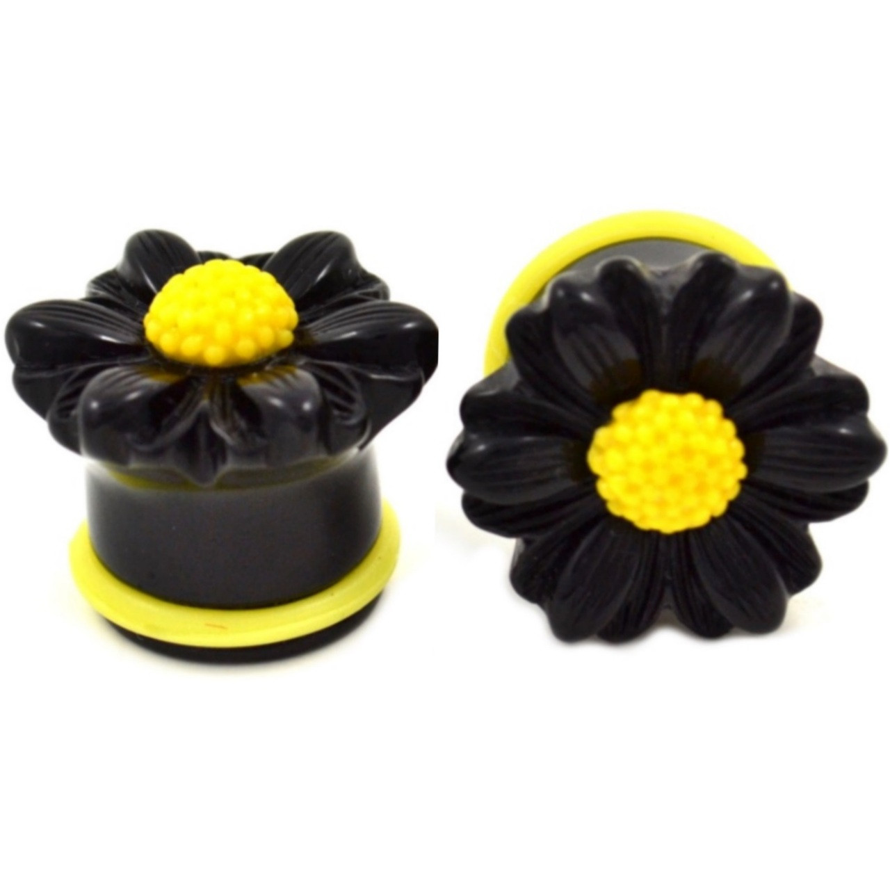 Black Daisy Flower Single Flared Ear Plugs (2g-5/8) | BodyDazz.com