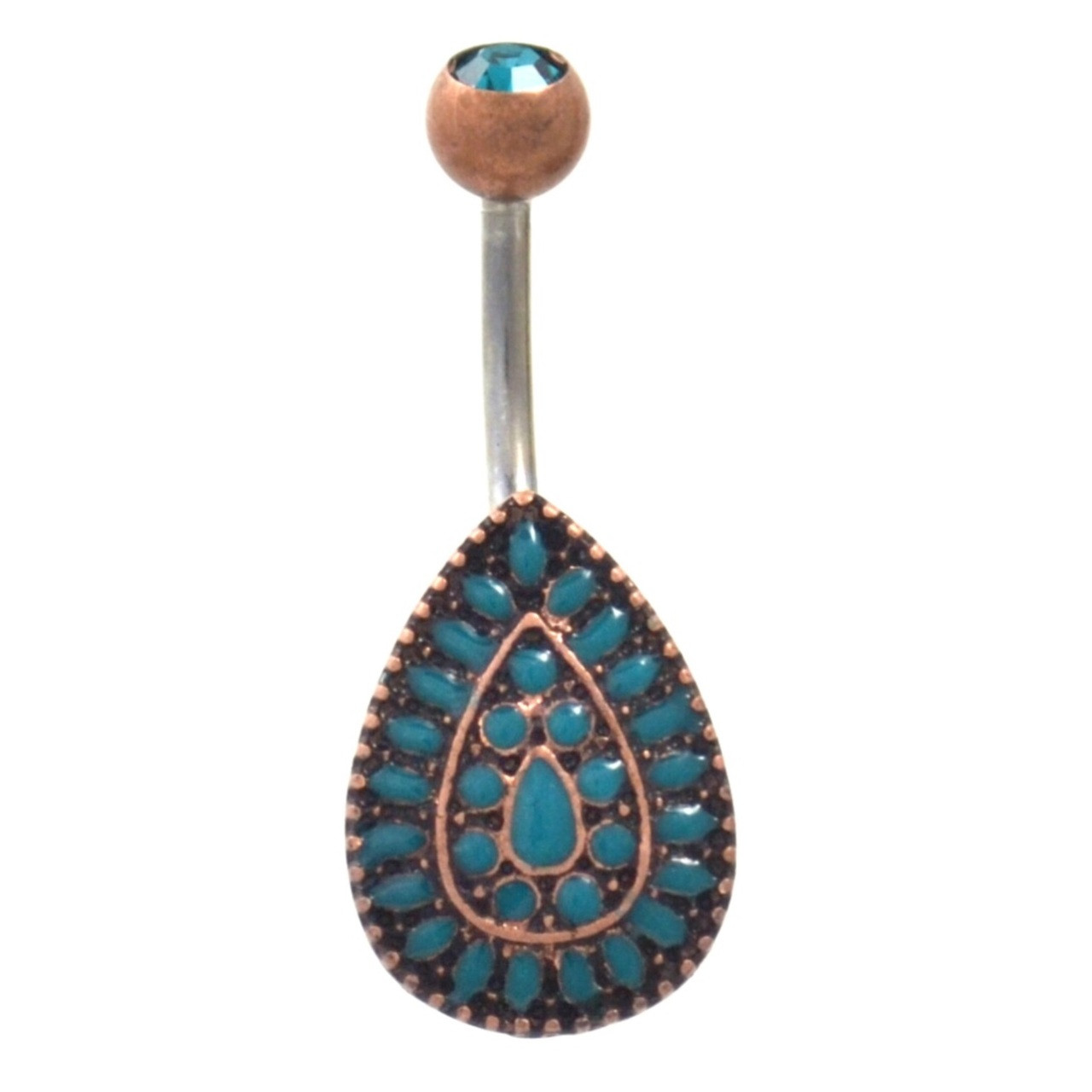 Hindu Inspired Turquoise Pattern Teardrop Belly Ring | BodyDazz.com
