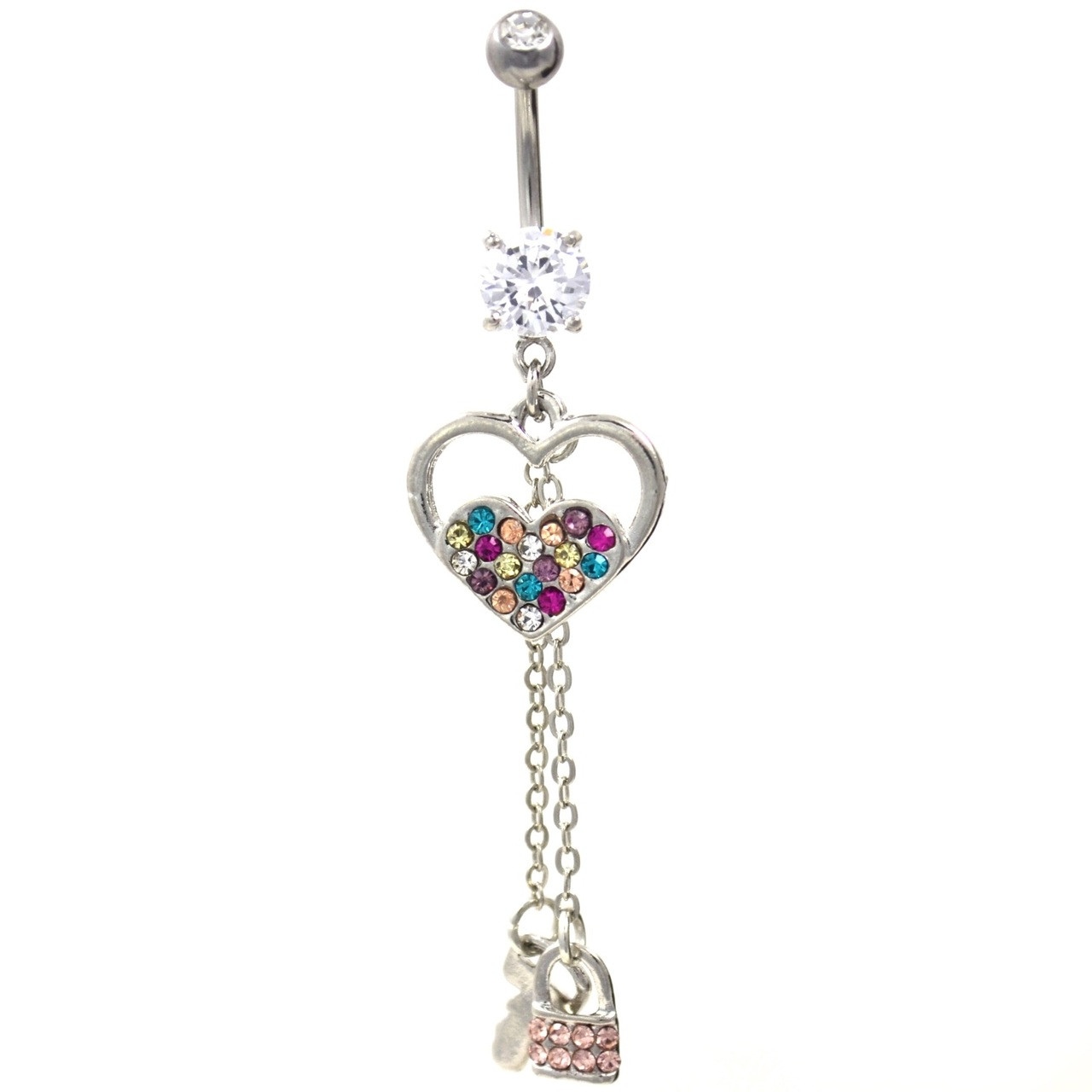 Lock Key & Rainbow CZ Filled Heart Belly Ring | BodyDazz.com