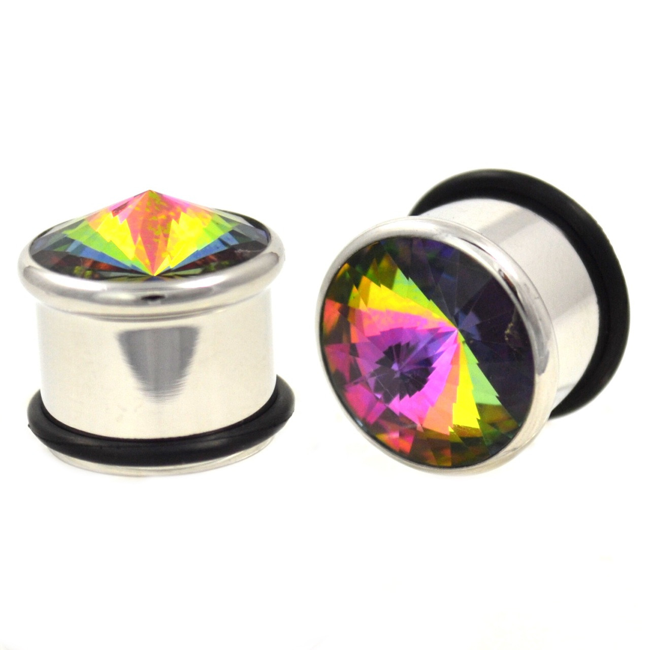 Rainbow Aurora CZ Single Flared Steel Plugs (2g-5/8") | BodyDazz.com