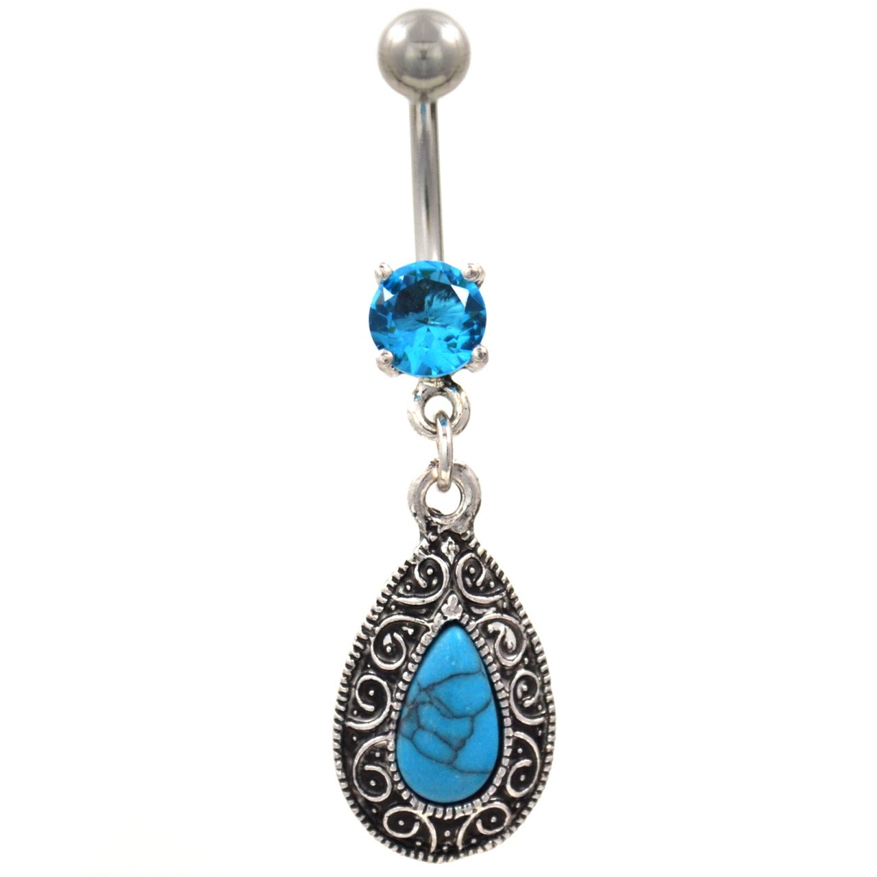 Vintage Style Turquoise Tear Drop Aqua CZ Belly Ring | BodyDazz.com