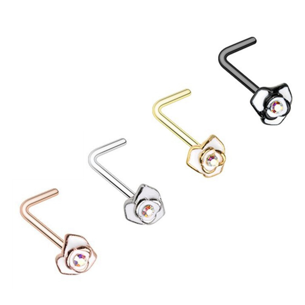 4-Pack Set Blooming Rose L-Shaped Nose Rings | BodyDazz.com