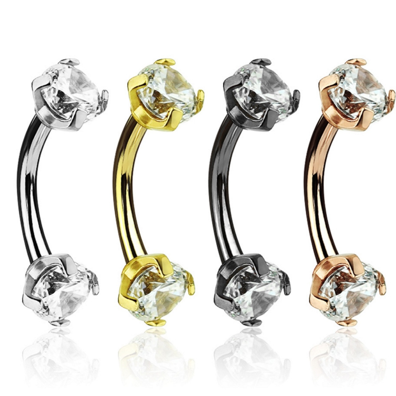PAIR - Gold-Tone IP Steel Double Jeweled Eyebrow Rings | BodyDazz.com