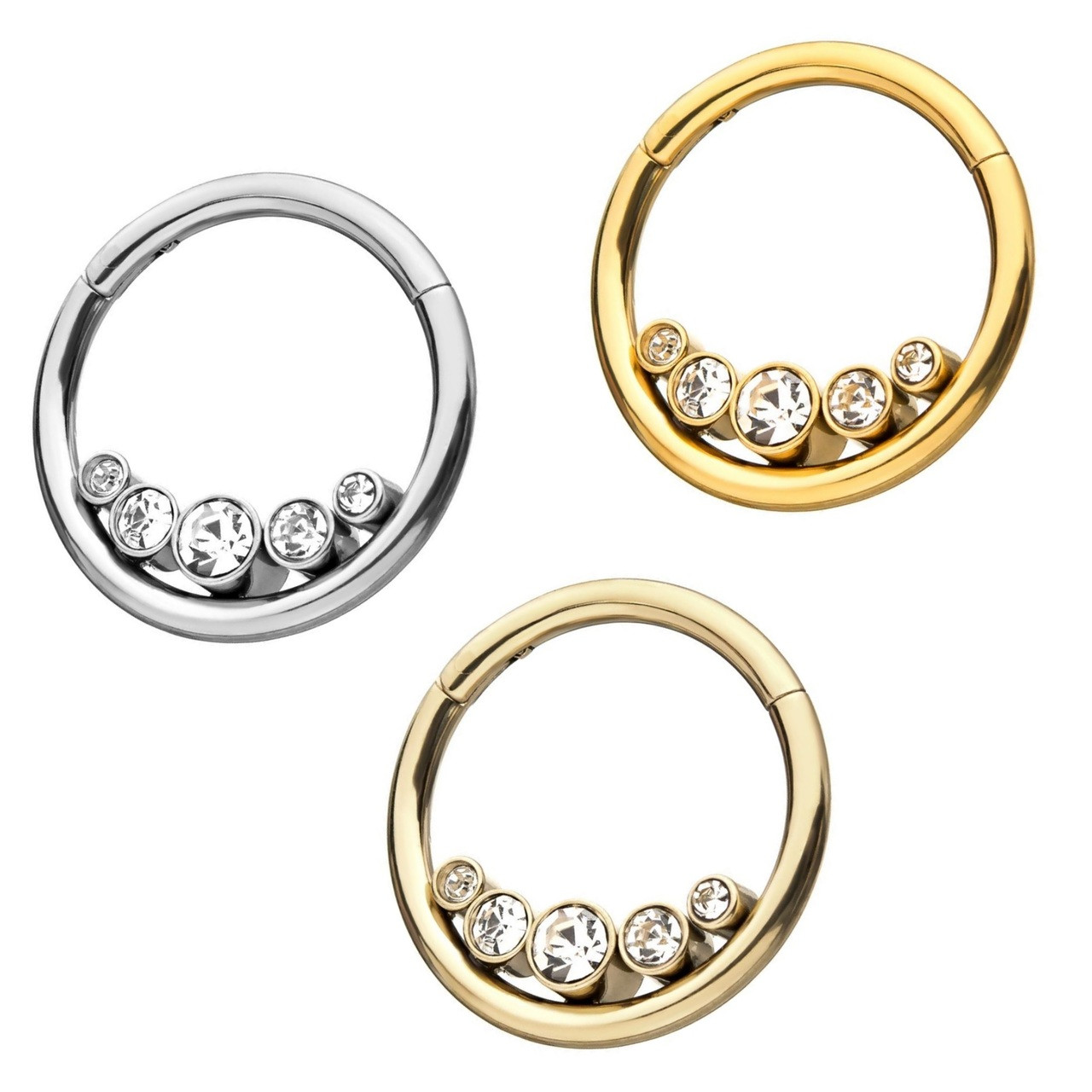 Bezel Set Five CZ Steel Hinged Segment Ring Hoop | BodyDazz.com