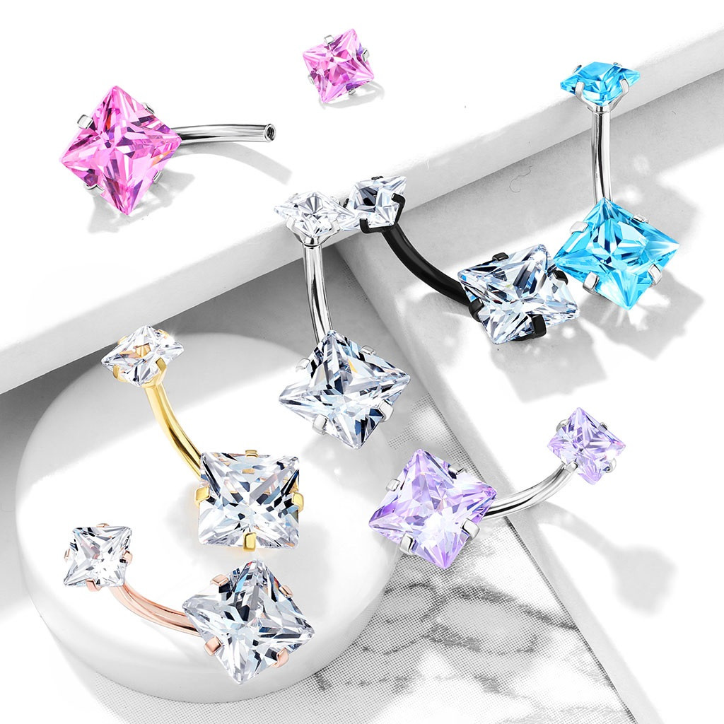 Double Jeweled Square CZ Steel Belly Ring | BodyDazz.com