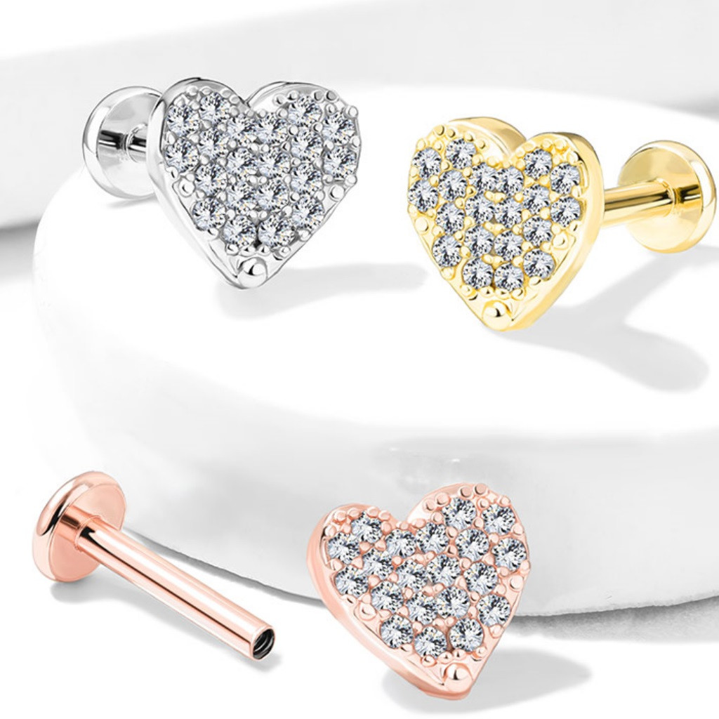 CZ Paved Curved Heart Top Steel Labret Monroe Bar 16G | BodyDazz.com