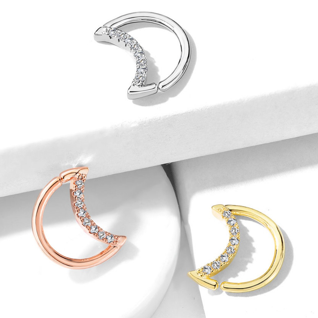 Crystal Lined Crescent Moon Cartilage/Daith Ring 16G | BodyDazz.com
