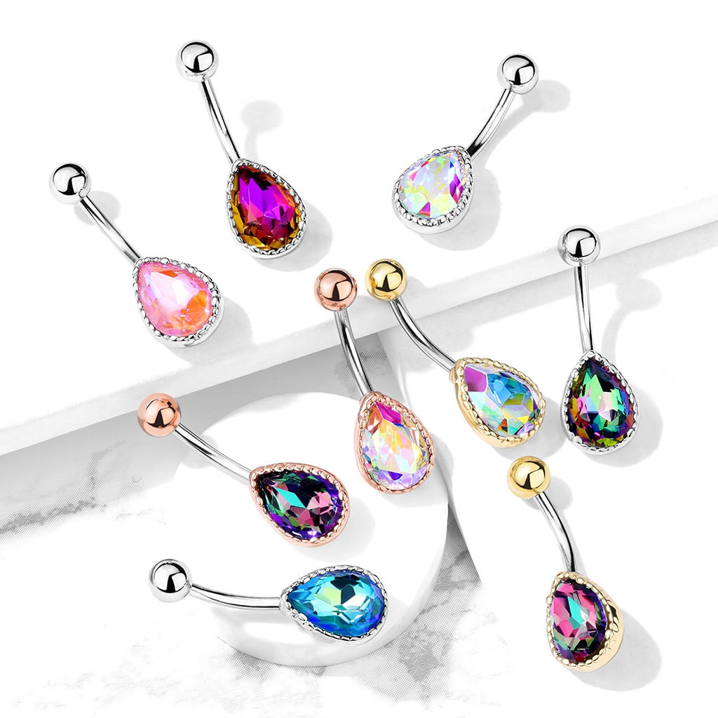 AB Effect Teardrop Crystal Steel Belly Ring | BodyDazz.com
