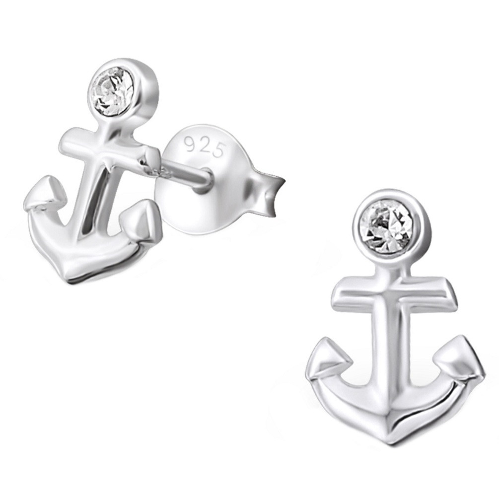 Triple Crystal Anchor 925 Sterling Silver Stud Earrings | BodyDazz.com