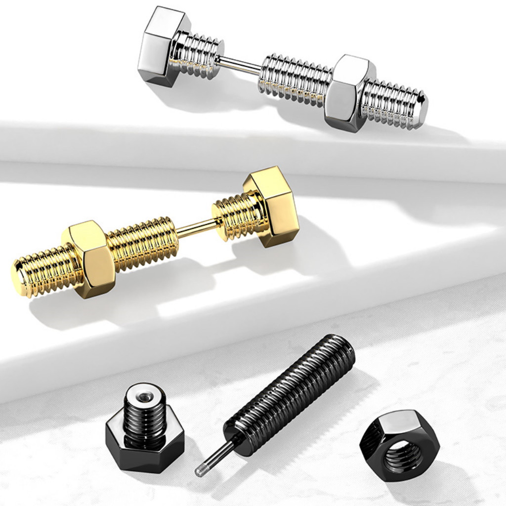 Hex Nut & Bolt Fake Plug Earrings | BodyDazz.com