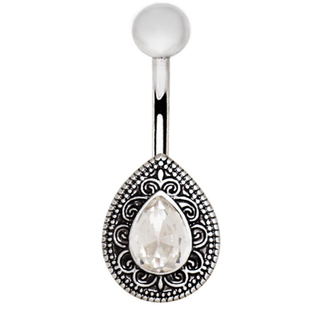 AB Effect Teardrop Crystal Steel Belly Ring | BodyDazz.com