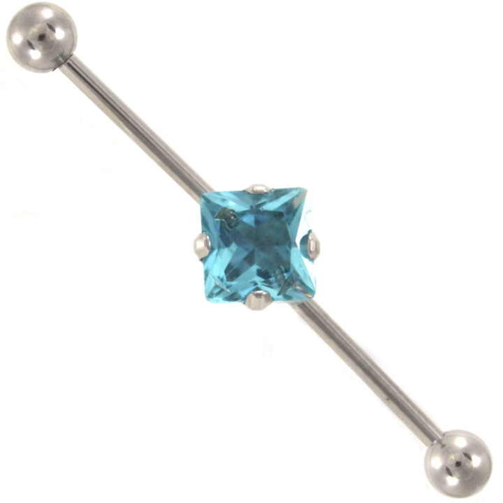 Square Cut Aqua CZ Industrial Barbell 14g 38mm | BodyDazz.com