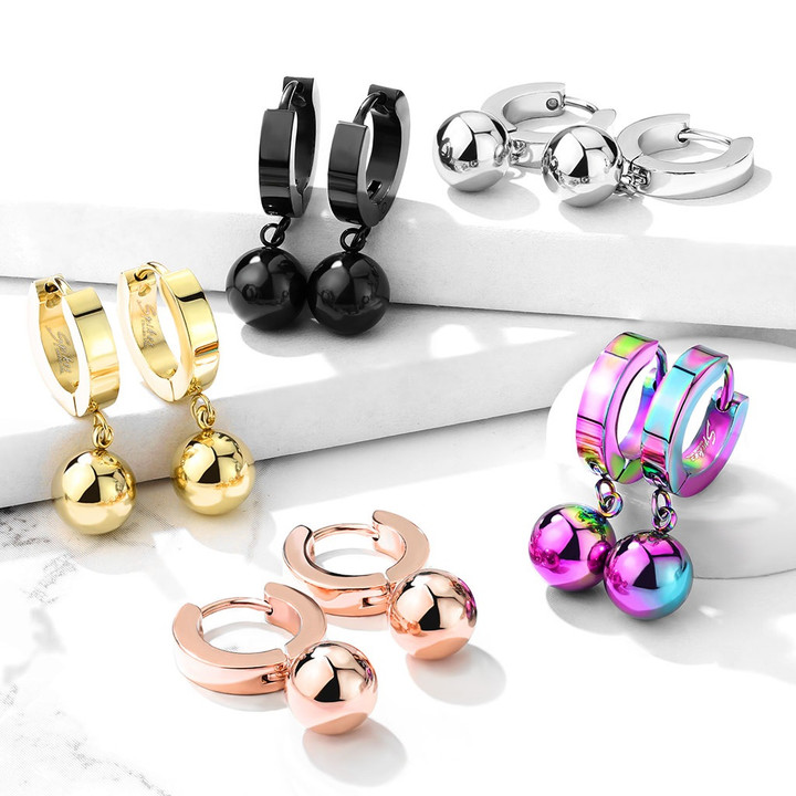 Ball Dangle 3mm Wide Steel Hinge Hoop Earrings | BodyDazz.com