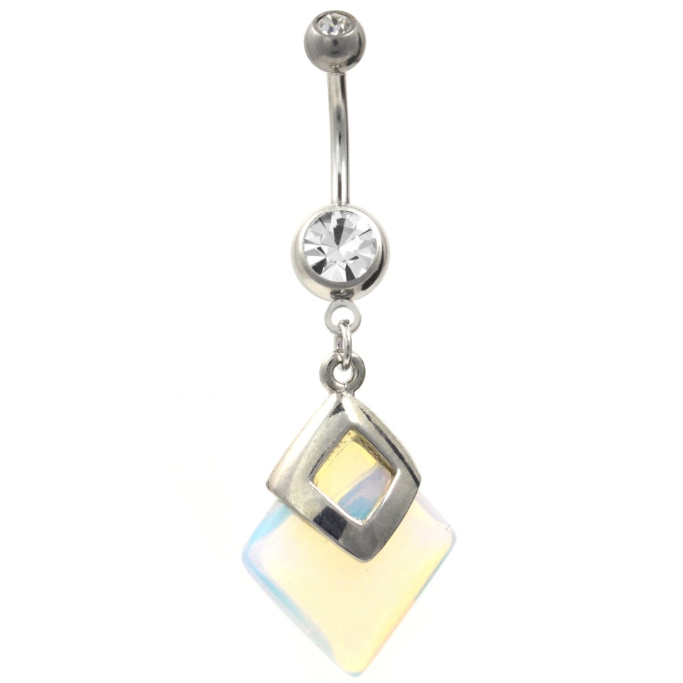 Square Shaped Pink Stone Dangle Belly Ring | BodyDazz.com